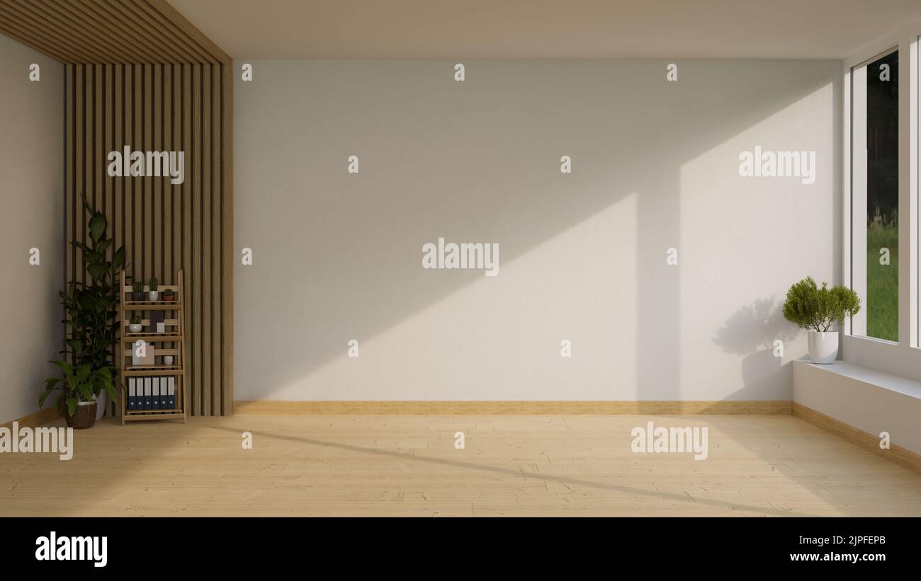 Minimal empty room in white and wood interior style decorated with wood ...