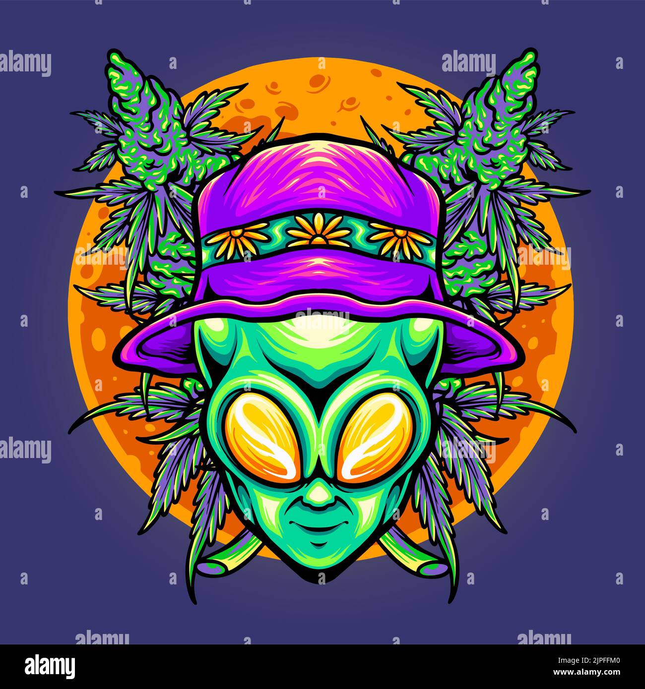 Funky Alien head with cannabis leaf vector illustrations for your work ...
