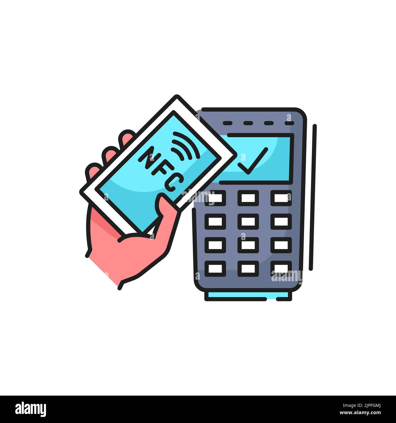 NFC payment technology outline icon with mobile phone and POS terminal. Cashless processing and ...