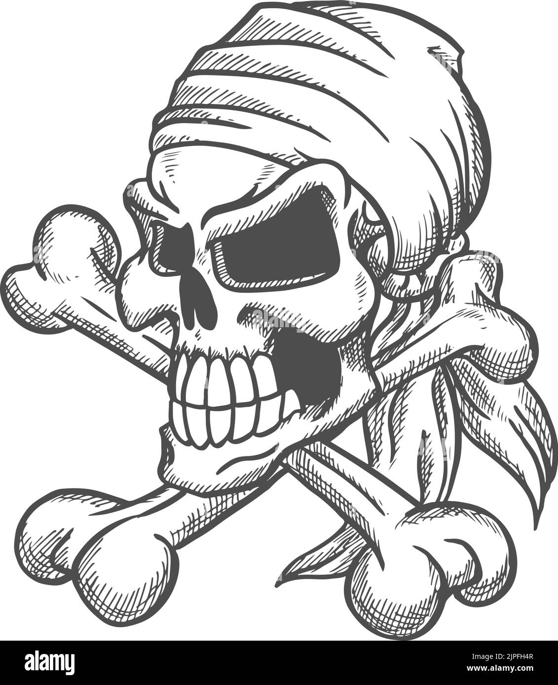 Skull in bandana and crossed bones isolated sketch. Vector head ...