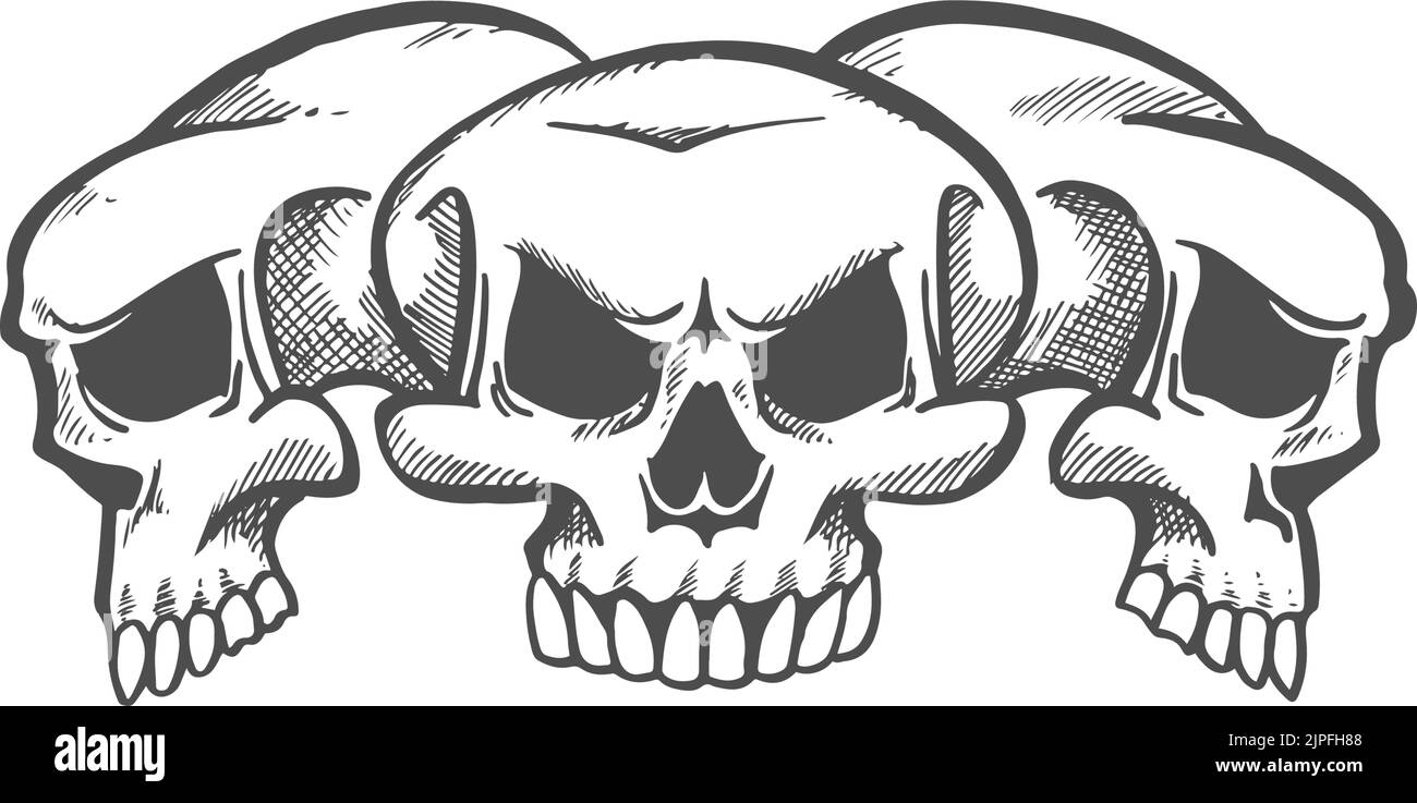 Three skulls, toothed skeletons isolated scary mascots. Vector dead ...