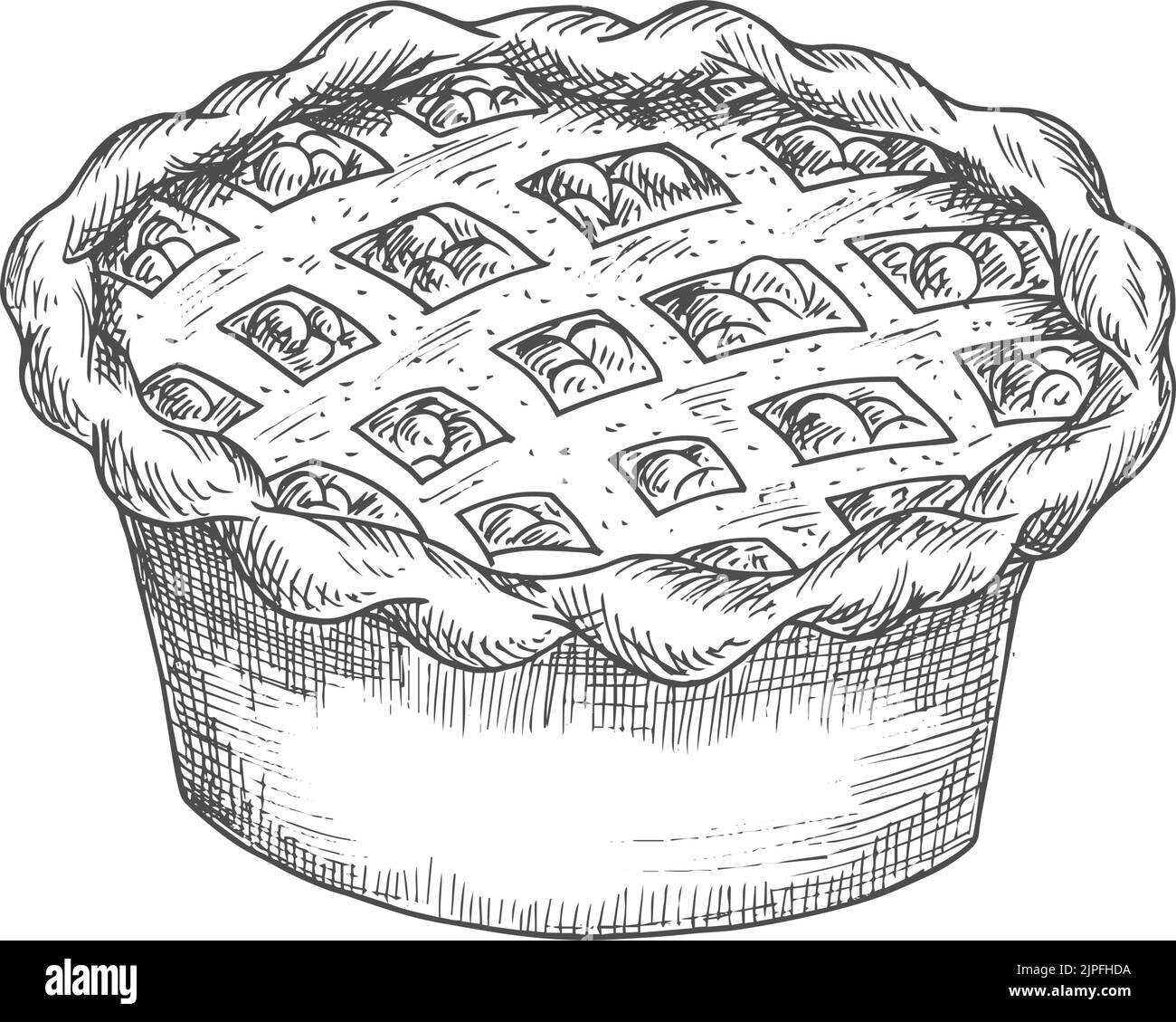 American cherry pie isolated bakery sketch. Vector monochrome cake with ...