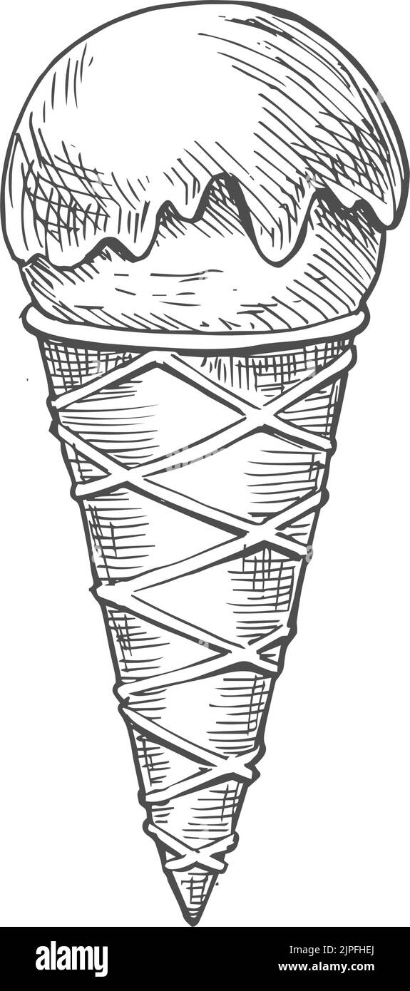 Ice Cream In Waffle Cone Isolated Monochrome Sketch Vector Icecream