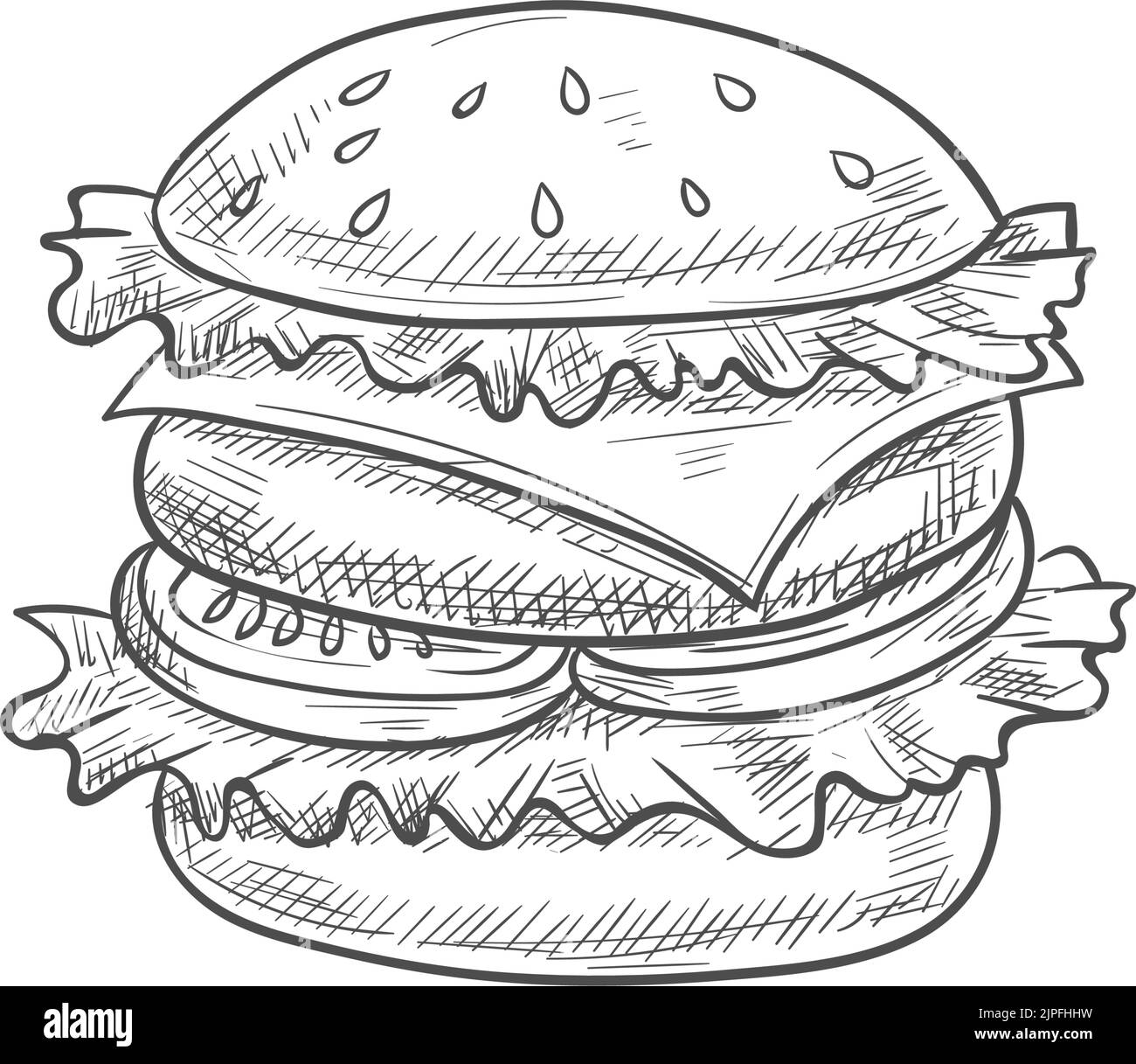 Burger takeaway food isolated cheeseburger sketch. Vector street food ...
