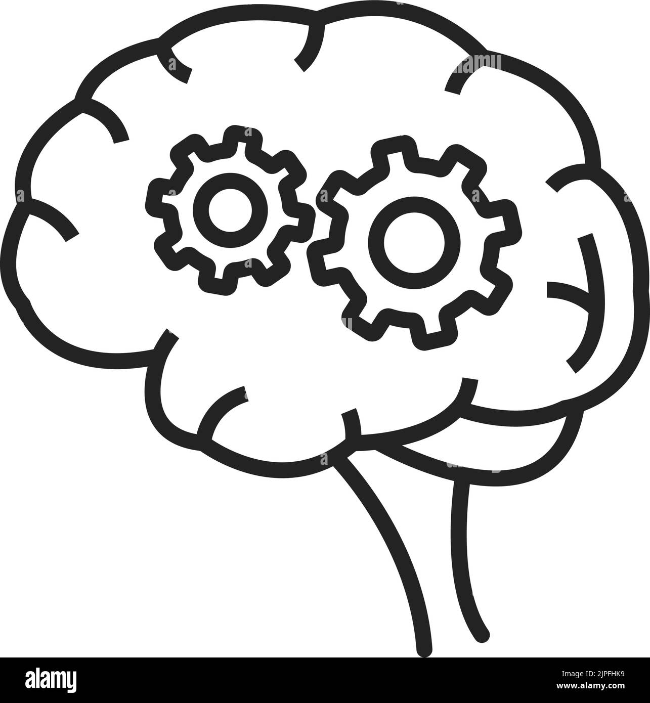Brain and rotating cog wheels or gears isolated outline icon. Vector ...