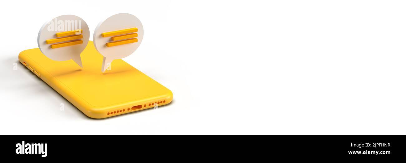 Yellow Smart mobile phone with online dialog speech bubbles coming off ...