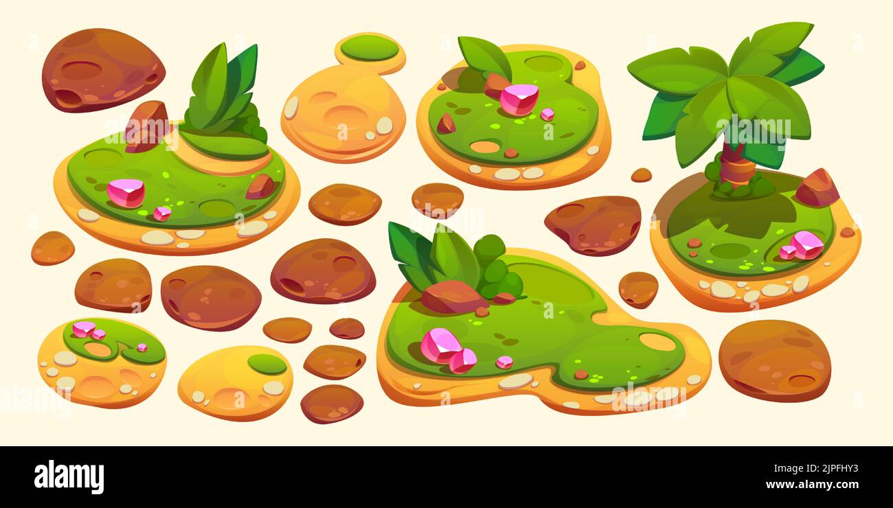 Game elements for level map ui design, islands with crystals, palm ...