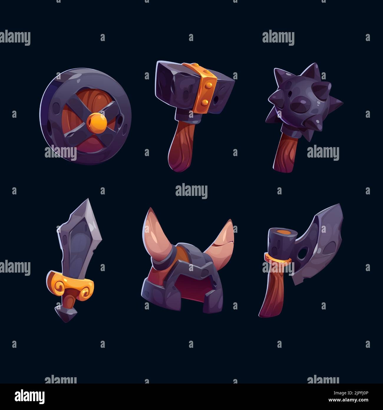 Viking game props icons, medieval battle axe, mace, horned helmet, sword and round shield ...