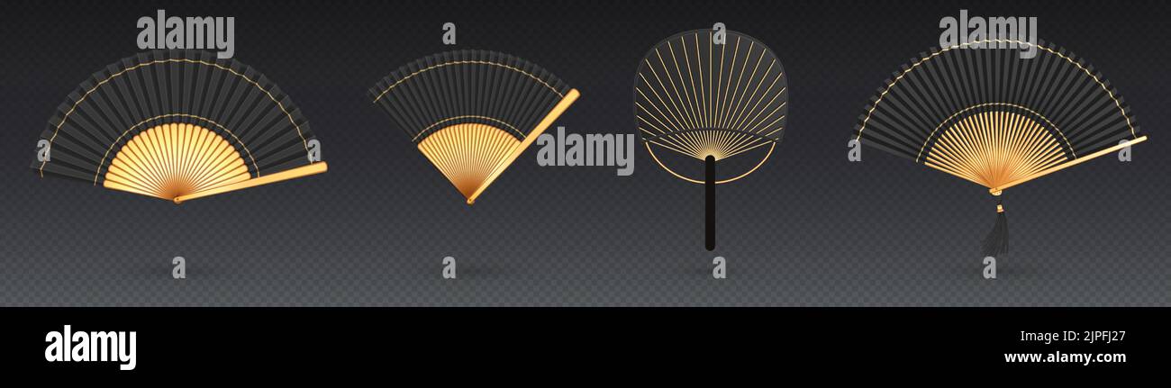 Chinese and japanese hand fans. Black and gold silk accessory ...