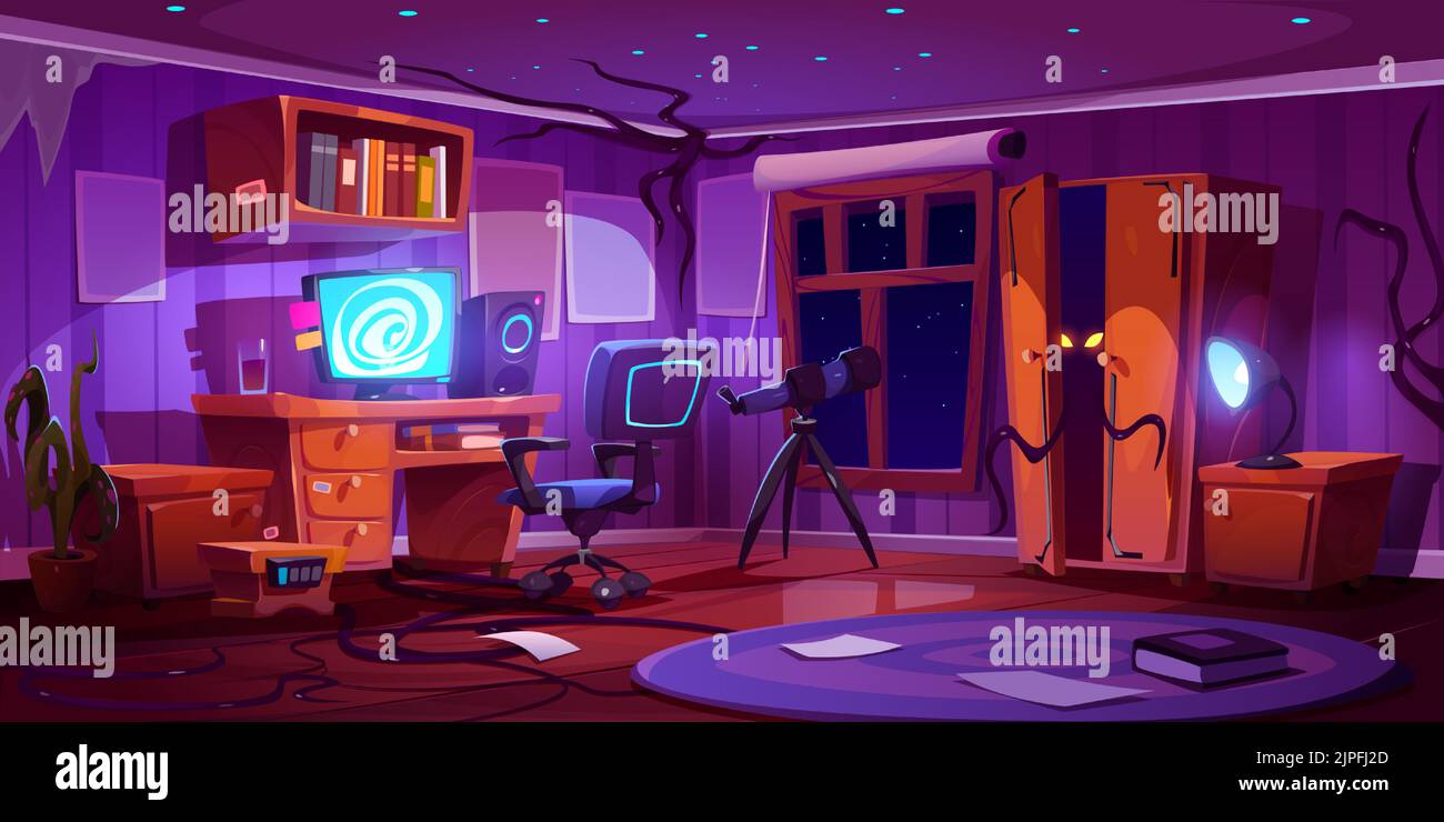 Teen room with alien or monster hiding in wardrobe. Halloween scary ...