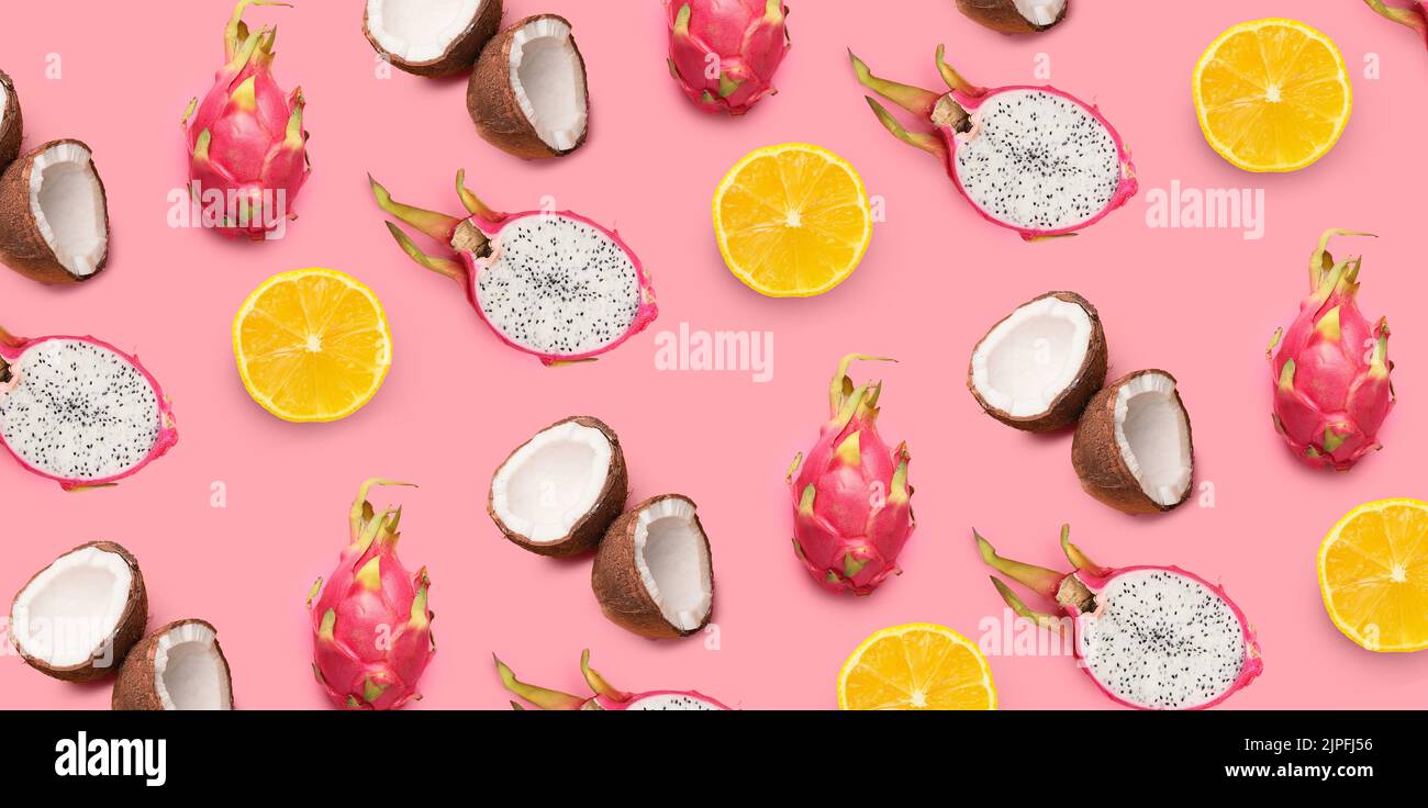Many tasty tropical fruits on pink background. Pattern for design Stock ...