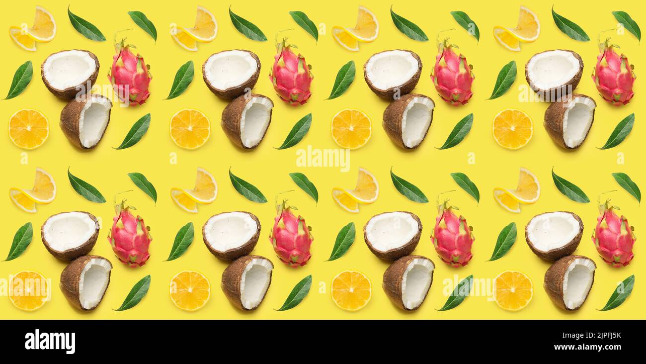 Many tasty tropical fruits on yellow background. Pattern for design ...