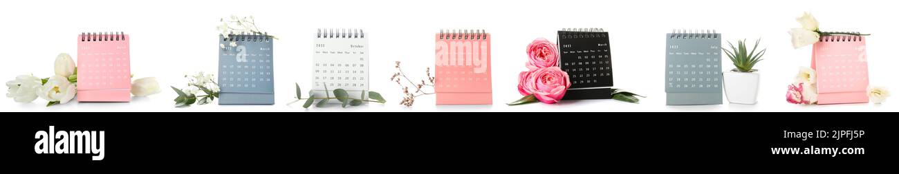 Set of color calendars with flowers on white background Stock Photo - Alamy