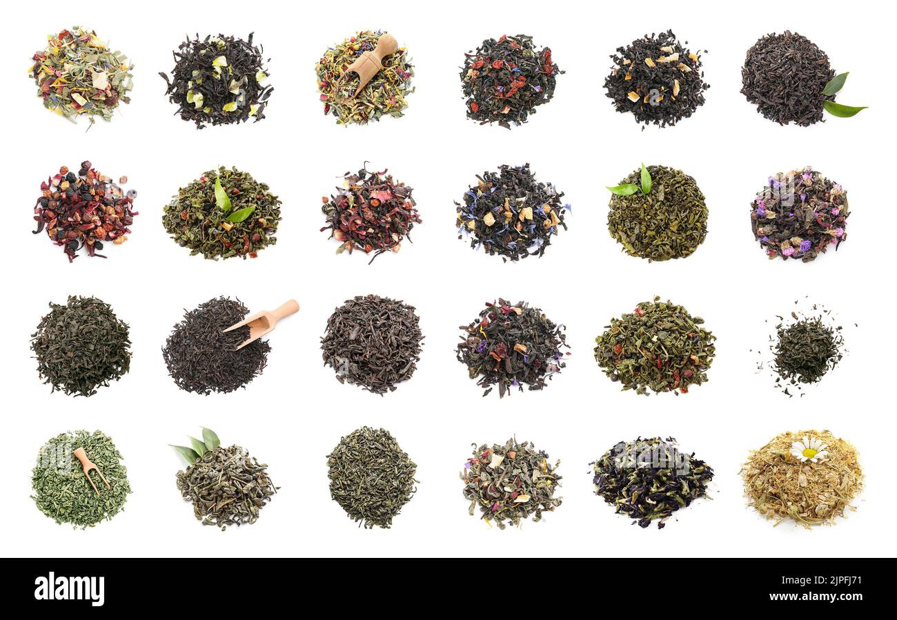 Different types of dry tea on white background, top view Stock Photo ...