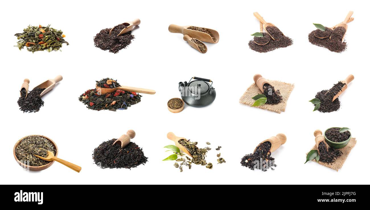 Different types of dry tea on white background Stock Photo - Alamy