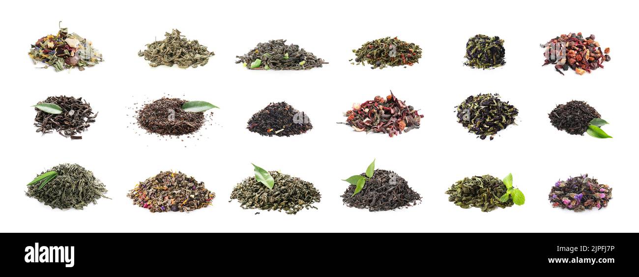 Different types of dry tea on white background Stock Photo - Alamy