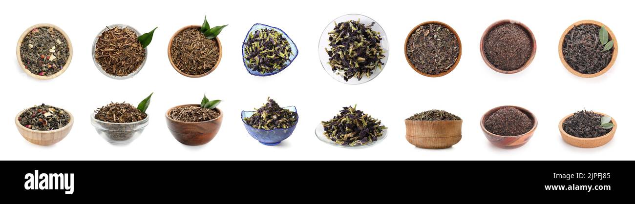 Bowls with different types of dry tea on white background Stock Photo ...