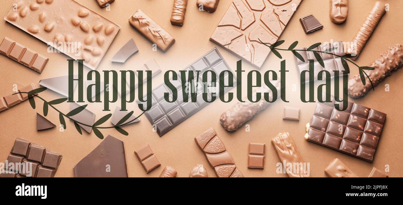 Different chocolate bars on beige background. Happy Sweetest Day Stock ...