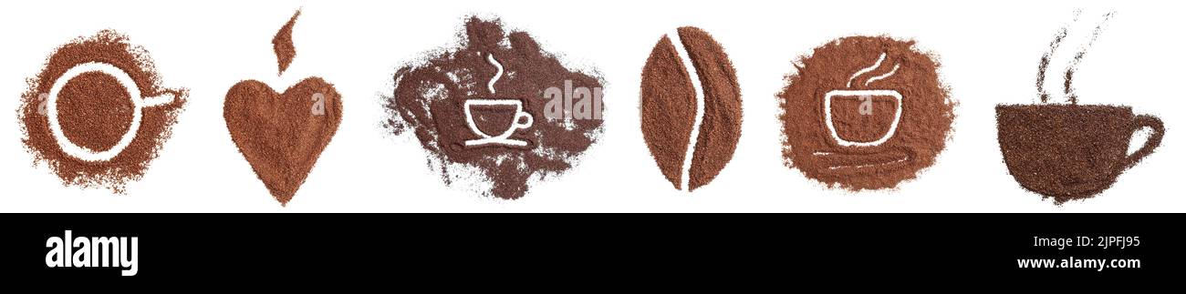 Different drawings made of coffee powder on white background Stock ...
