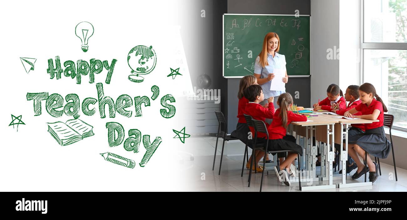 Teacher conducting lesson in classroom. Banner for Teacher's Day Stock ...