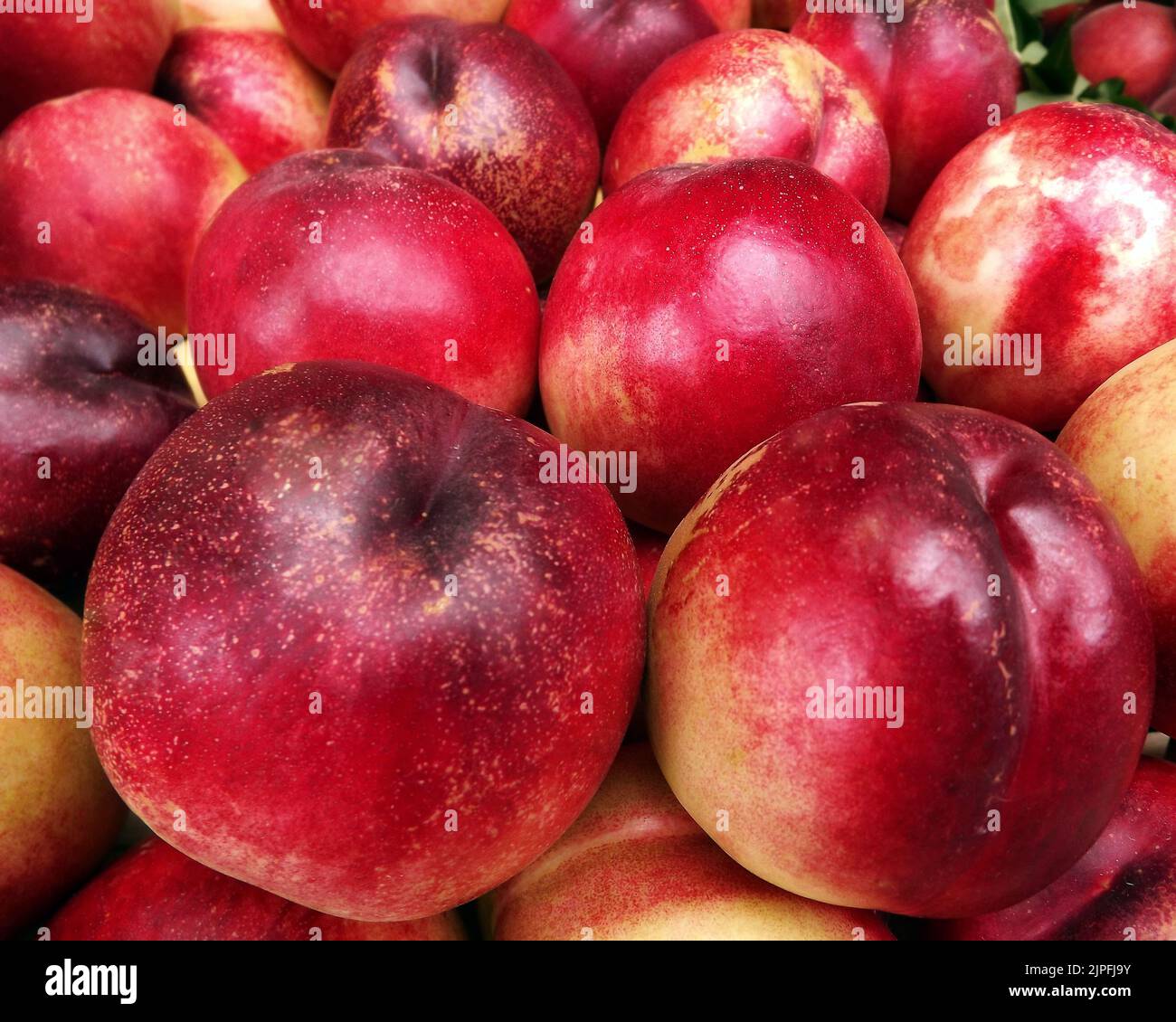 Nectarine fruits on the market. A pile of fresh Nectarine fruits being ...