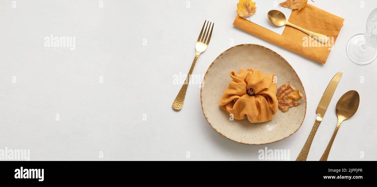 Beautiful autumn table setting on white background with space for text ...