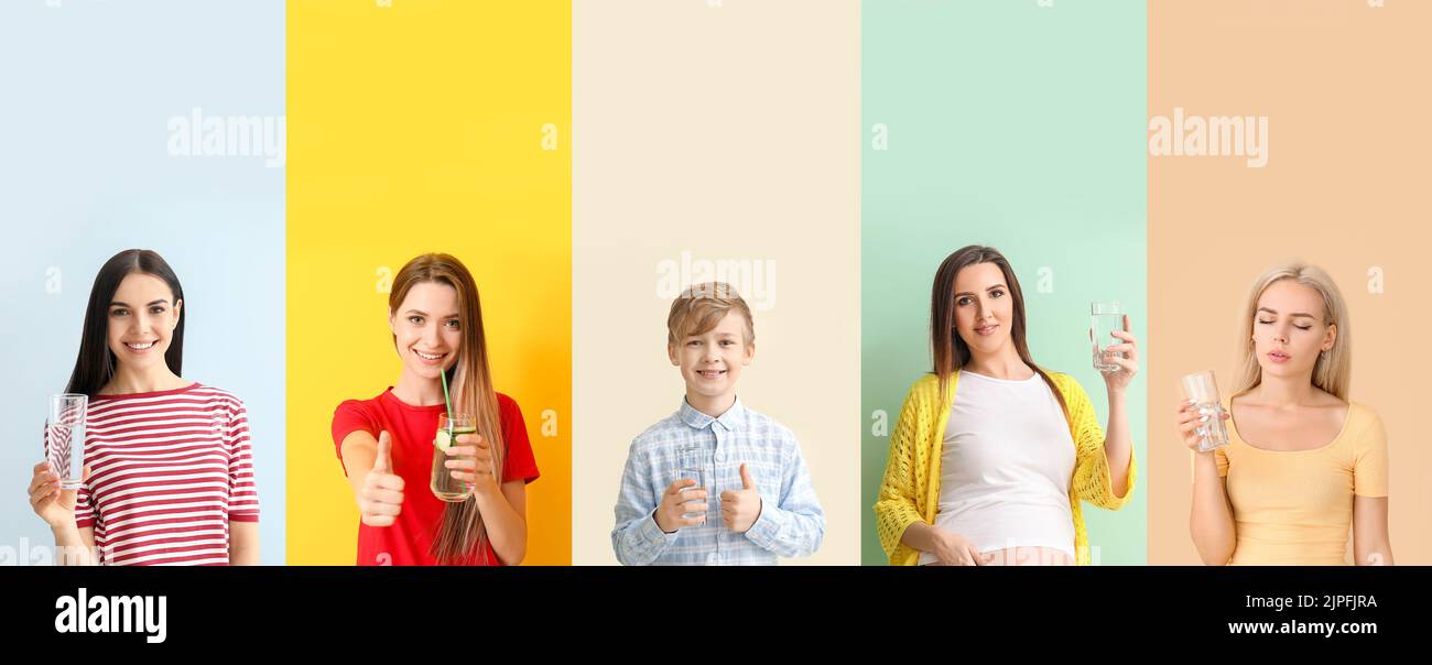 Set of people drinking water on colorful background Stock Photo - Alamy