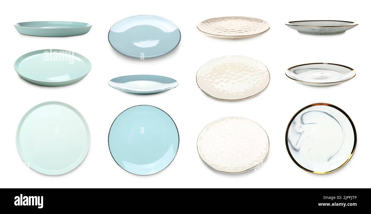 Set of empty ceramic plates isolated on white Stock Photo - Alamy