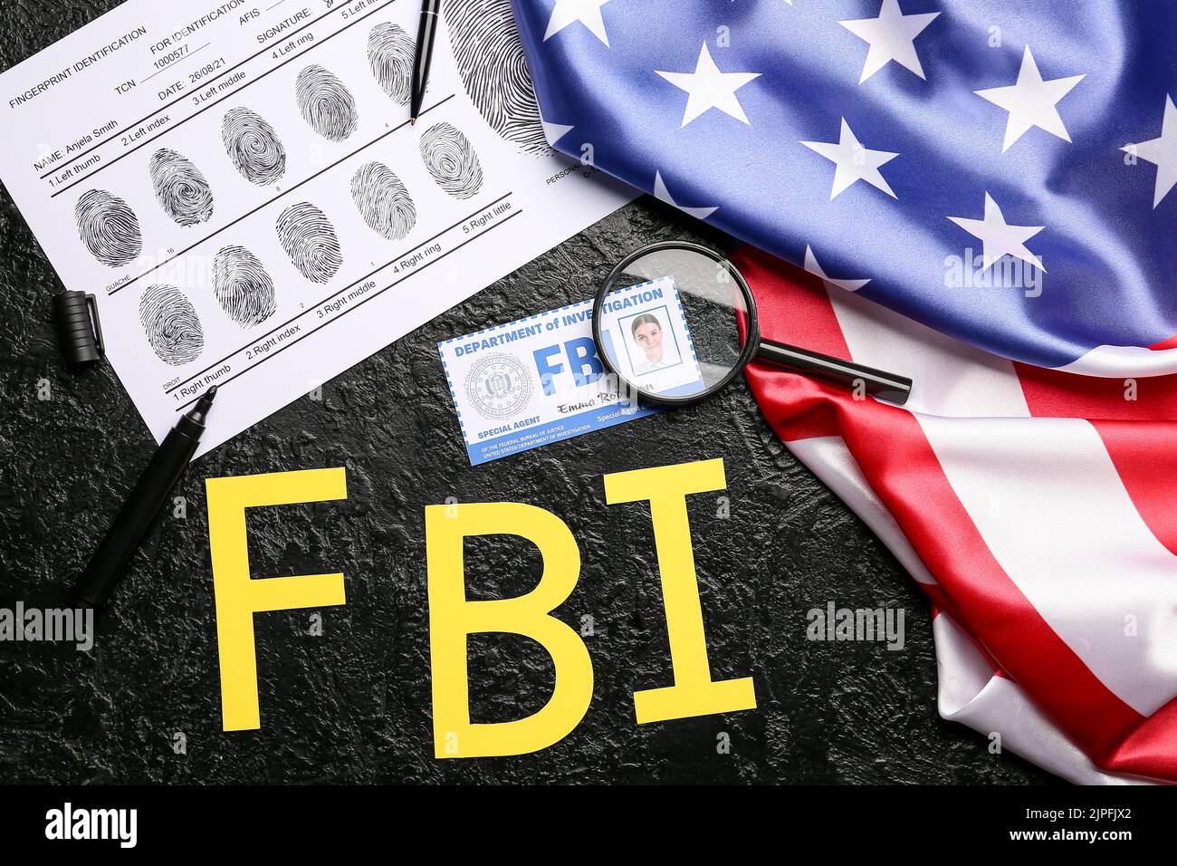 Abbreviation FBI with magnifier, finger prints, flag of USA and ...