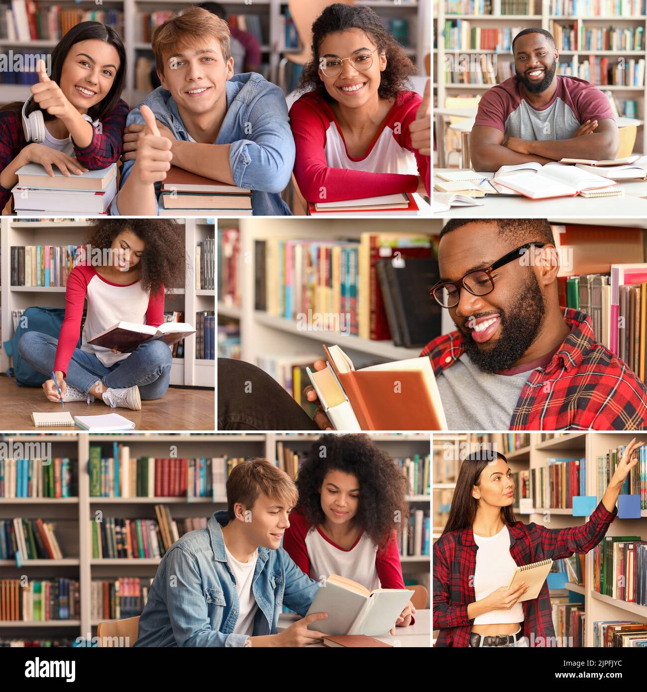 Collection of young students with books in library Stock Photo - Alamy
