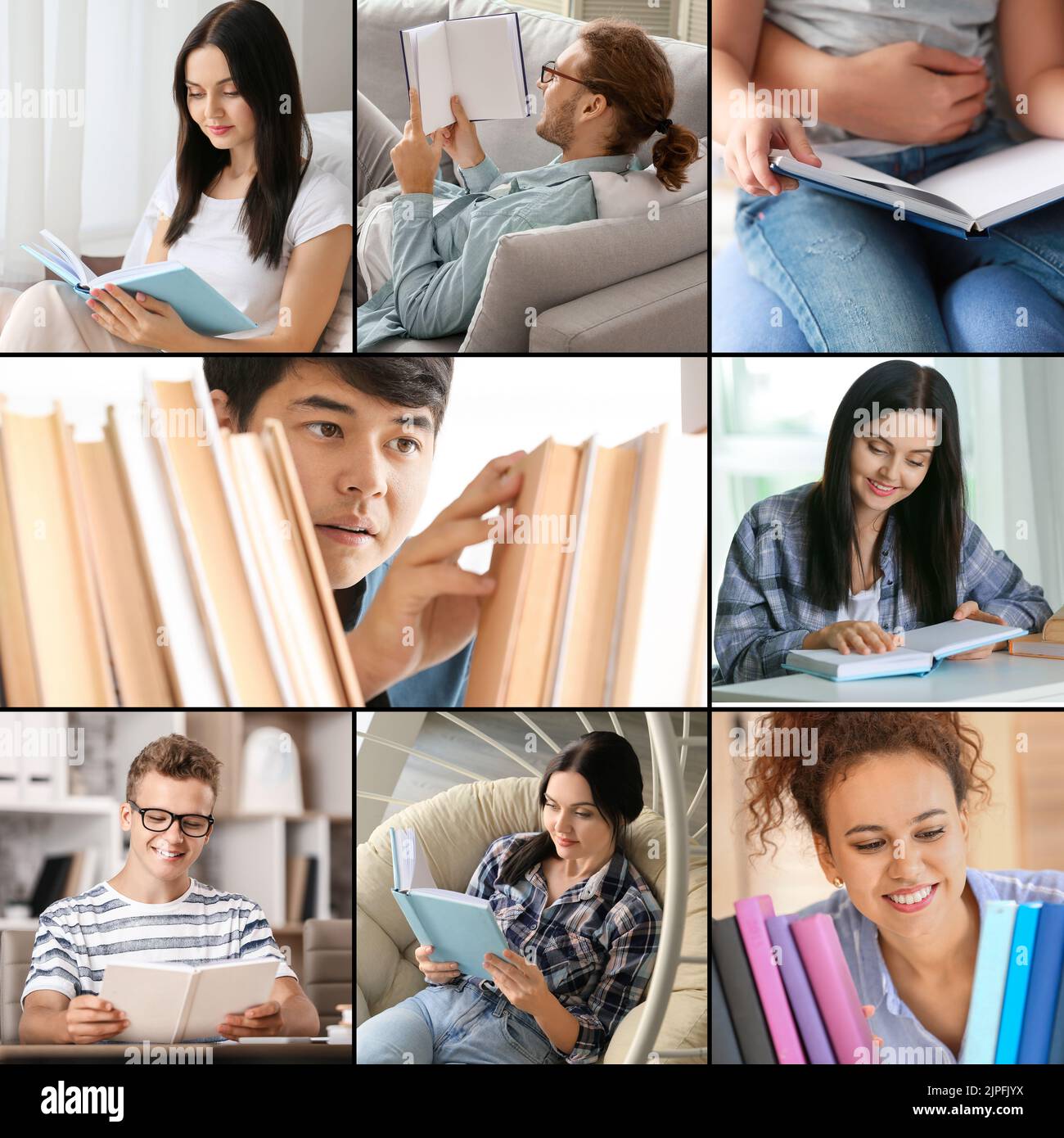 Collection of different people with books at home Stock Photo - Alamy