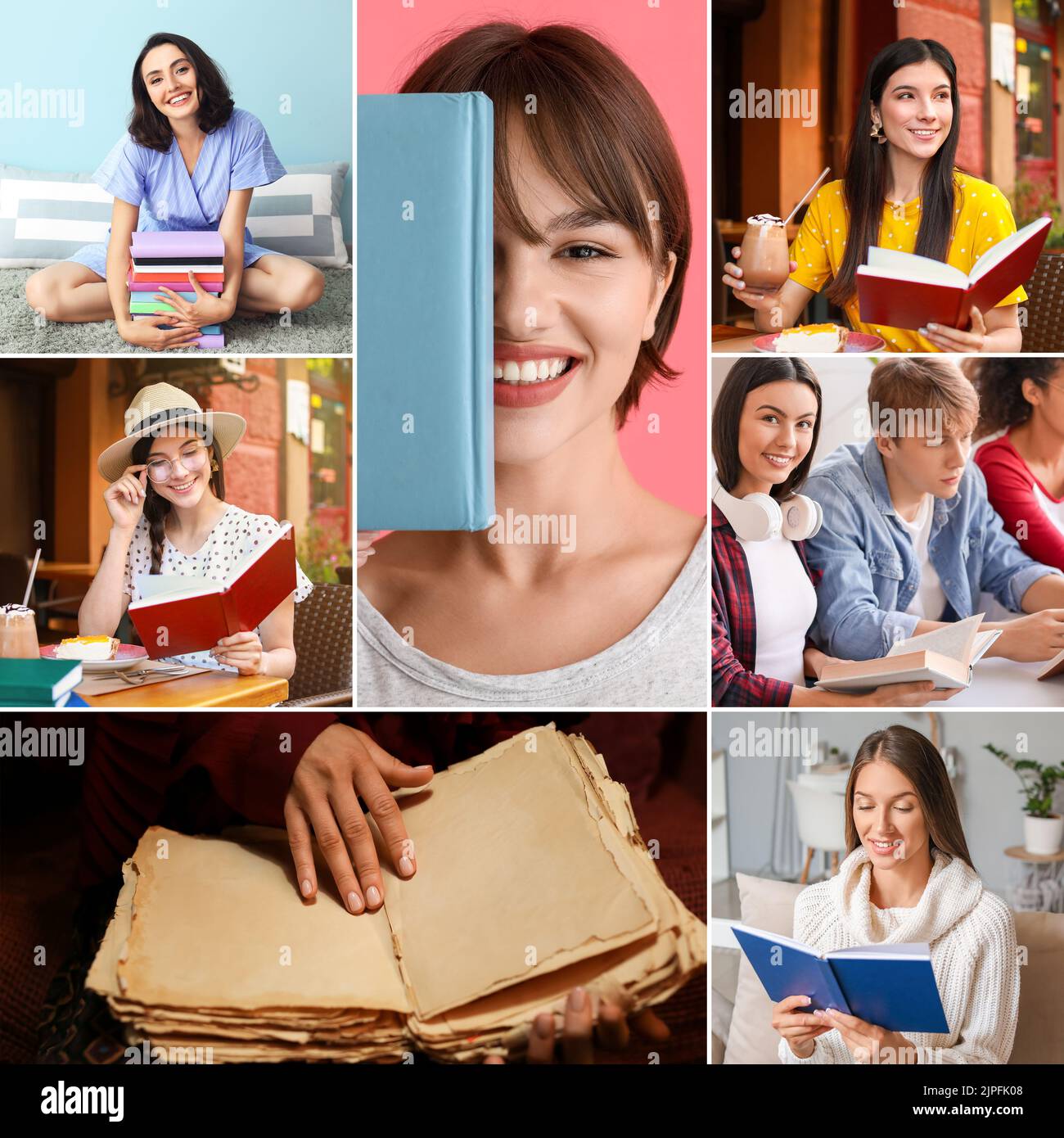 Collage of young people reading books Stock Photo - Alamy