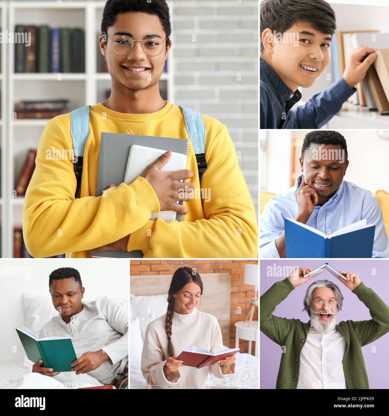 Collection of different people with books Stock Photo - Alamy
