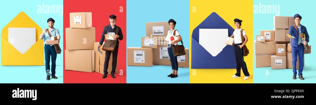 Set of postmen with big envelopes and parcels on color background Stock ...