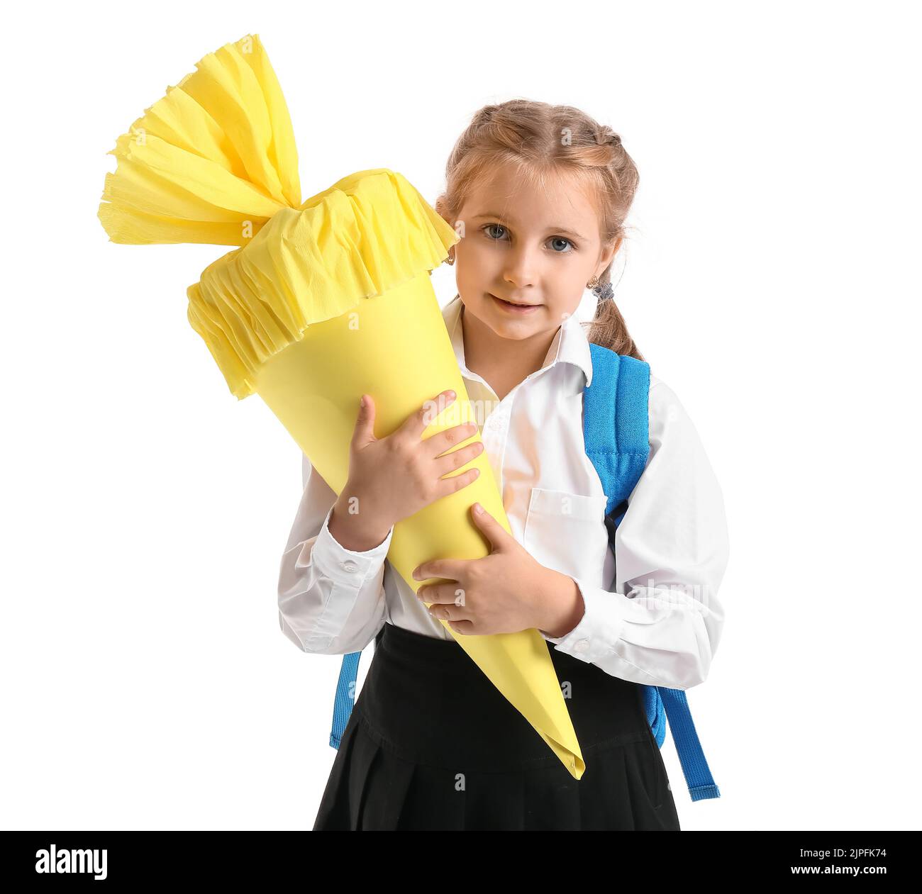 Cute little girl with yellow school cone on white background Stock ...