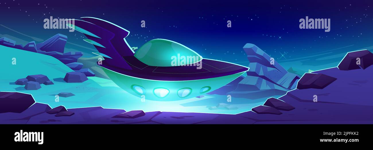 Alien spaceship fly above planet surface. Futuristic scene with cosmic ...