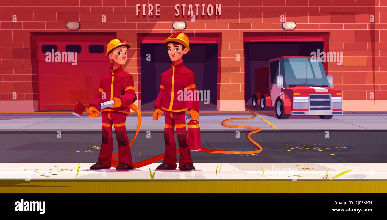 Firefighters characters at fire station with truck in garage box. Brave ...