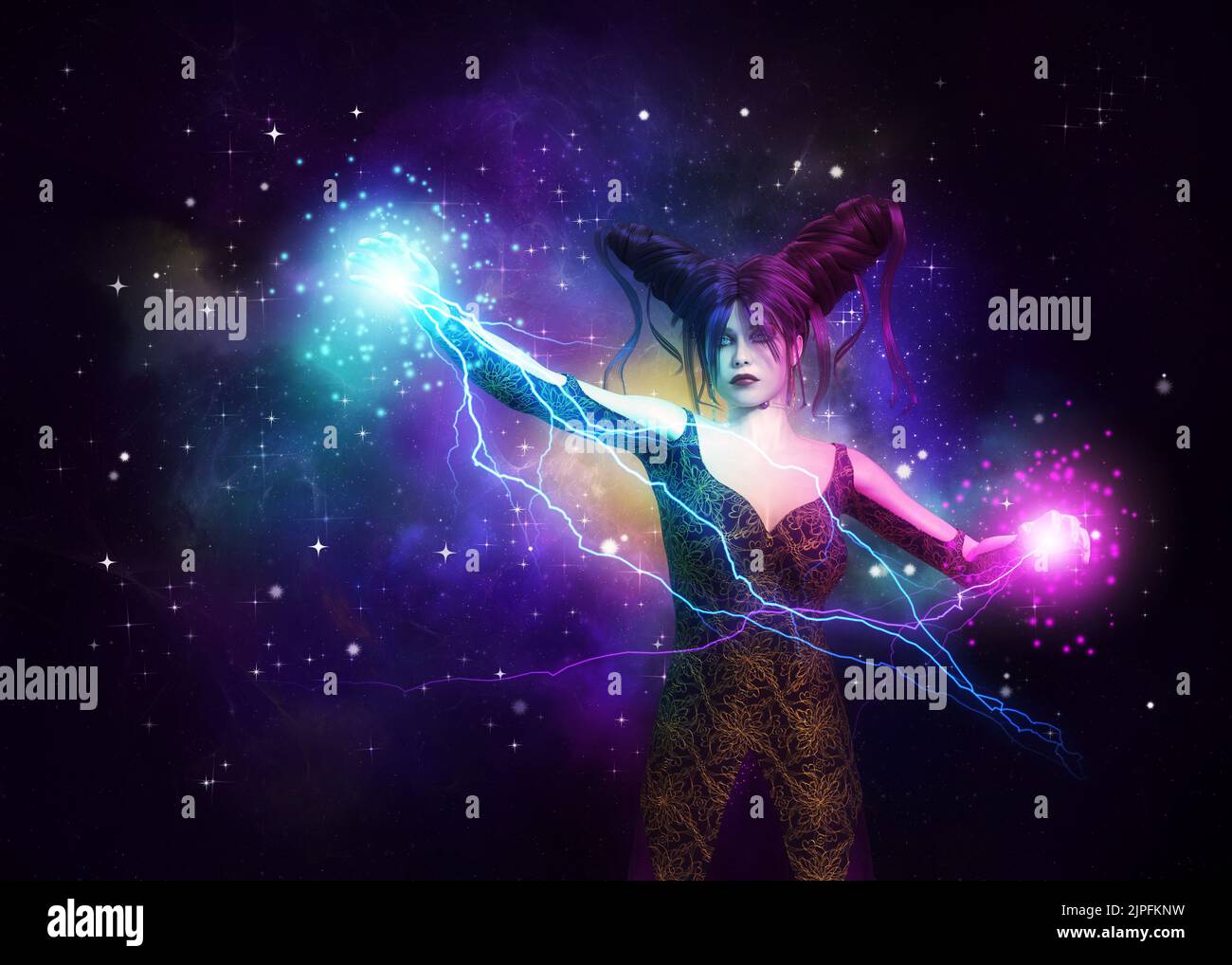 Fantasy 3d witch woman over digital painted starry space background, 3D ...