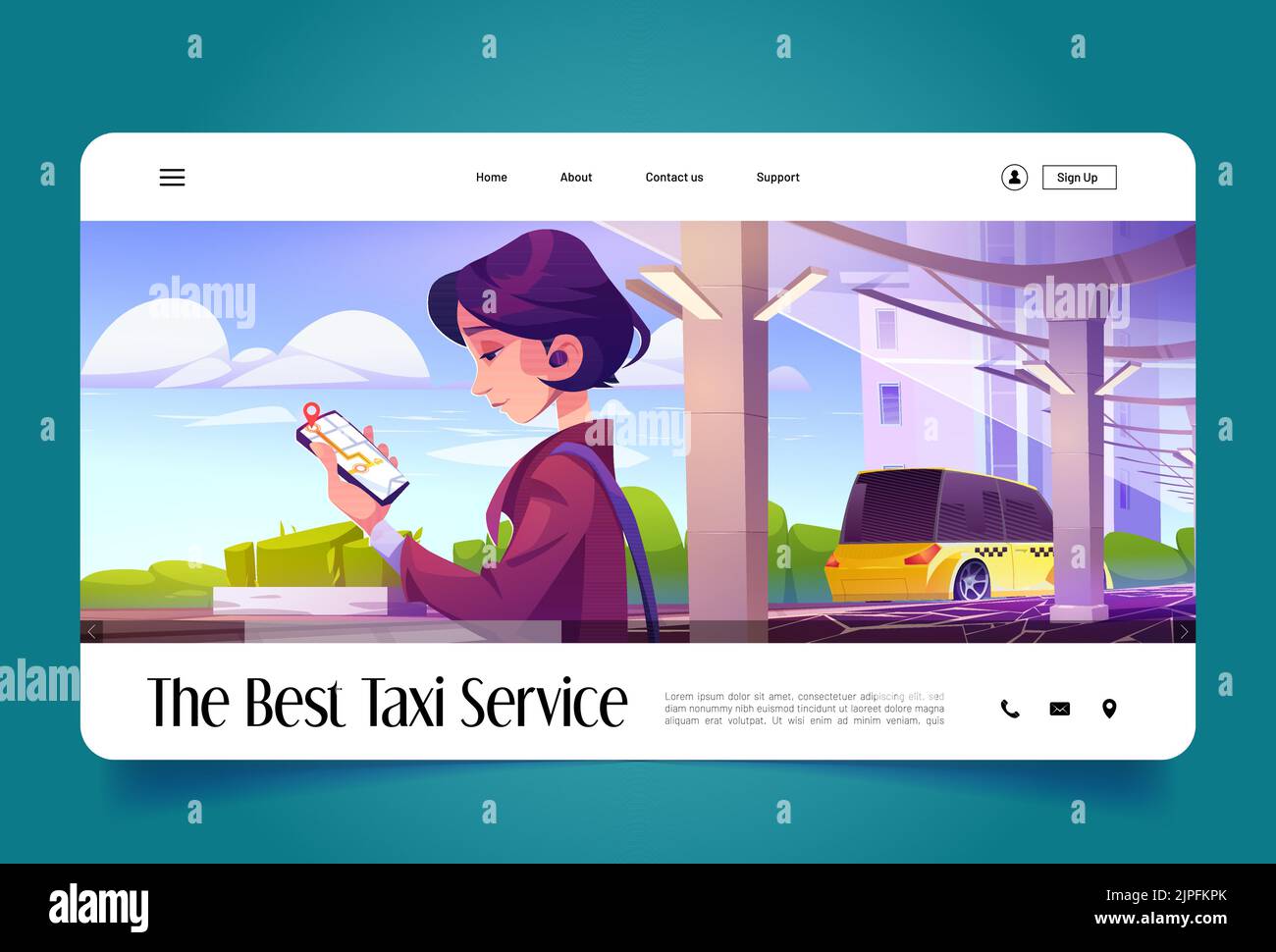 The best taxi service cartoon landing page, woman with smartphone ...