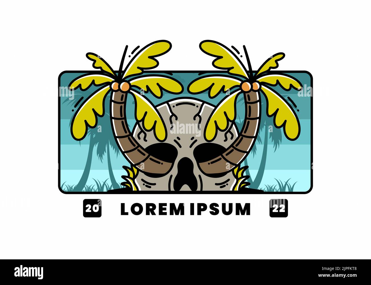 illustration badge design of two coconut trees growing on a skull Stock ...