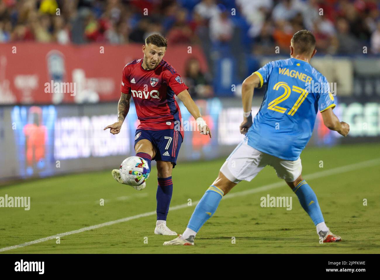 FRISCO, TX - AUGUST 17: FC Dallas forward Paul Arriola (7) kicks the ...