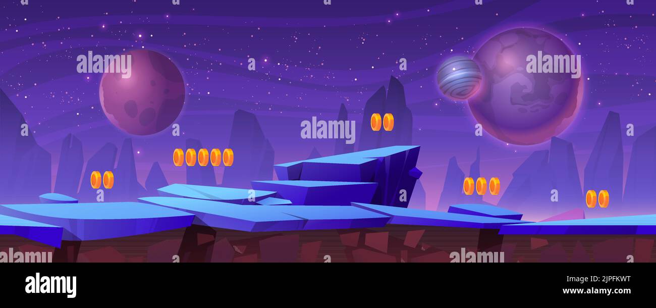 Space game level background with rocky platforms and golden bonus ...