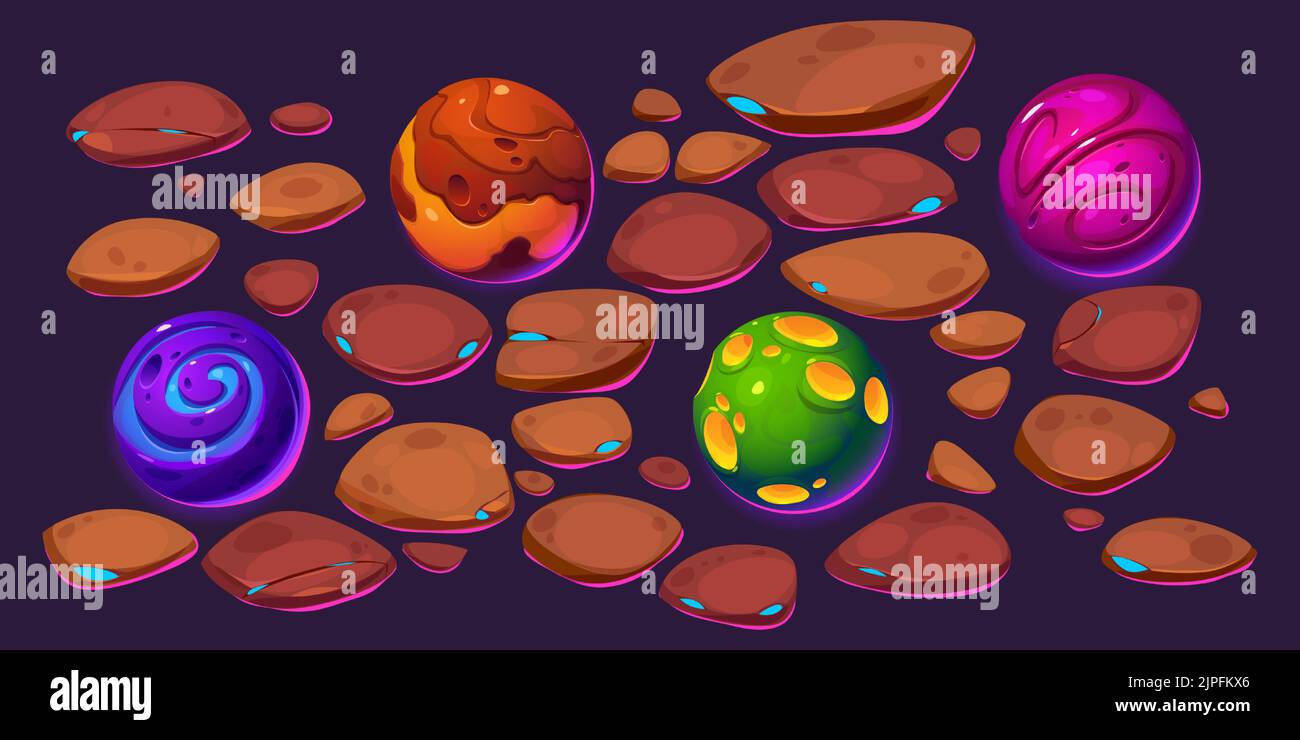 Alien planets, asteroids, stones and rock rubbles. Vector cartoon set ...