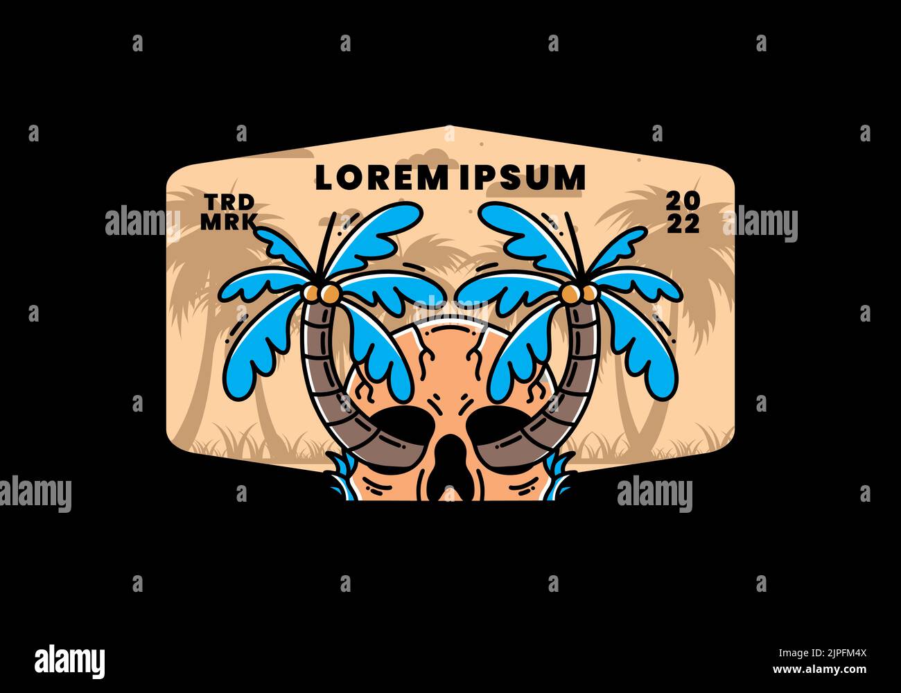 illustration badge design of two coconut trees growing on a skull Stock ...