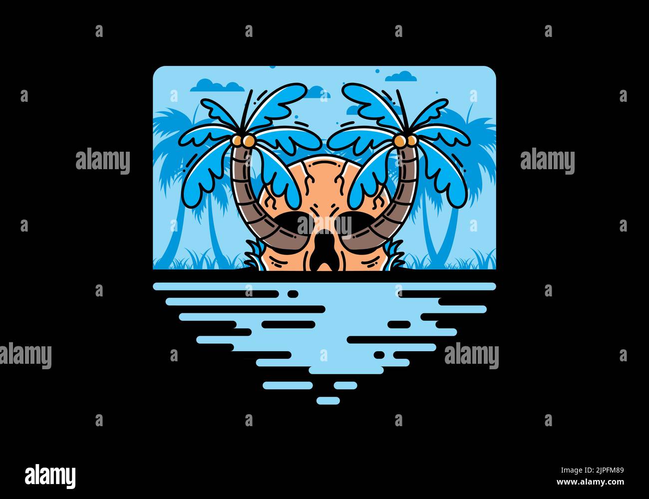 illustration badge design of two coconut trees growing on a skull Stock ...