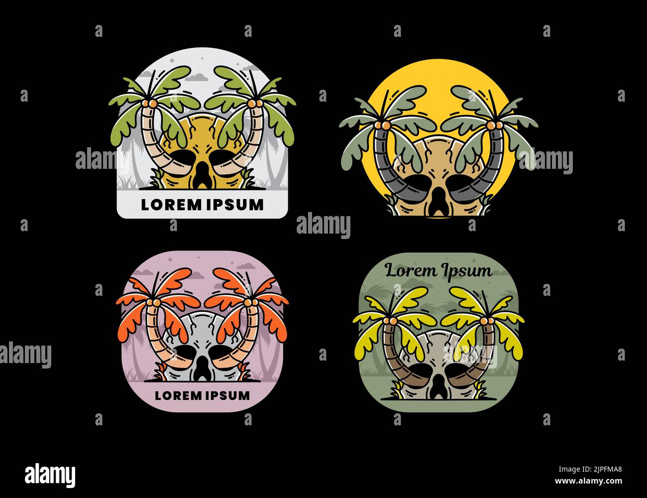 illustration badge design of two coconut trees growing on a skull Stock ...