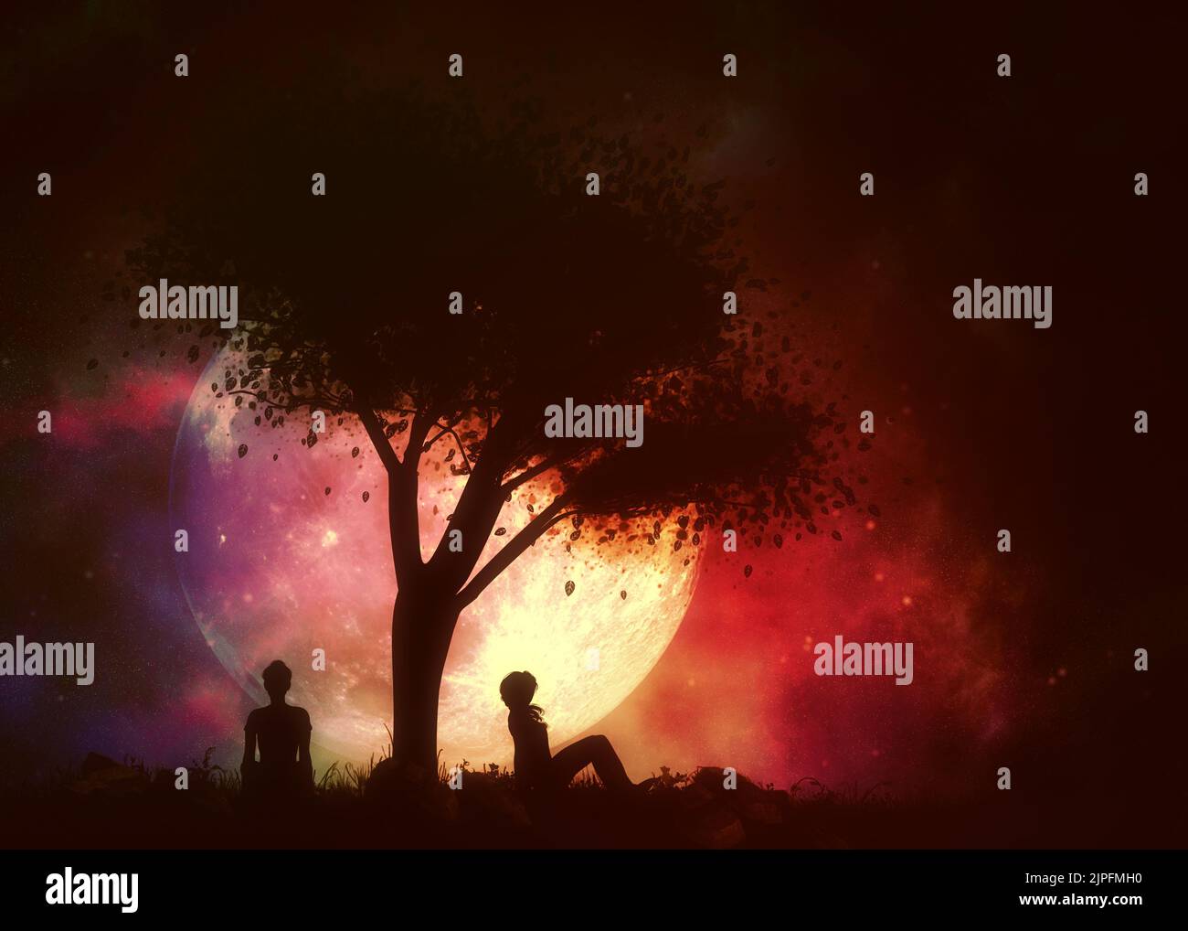 Lone tree with grass and sitting girl silhouette at night time ...