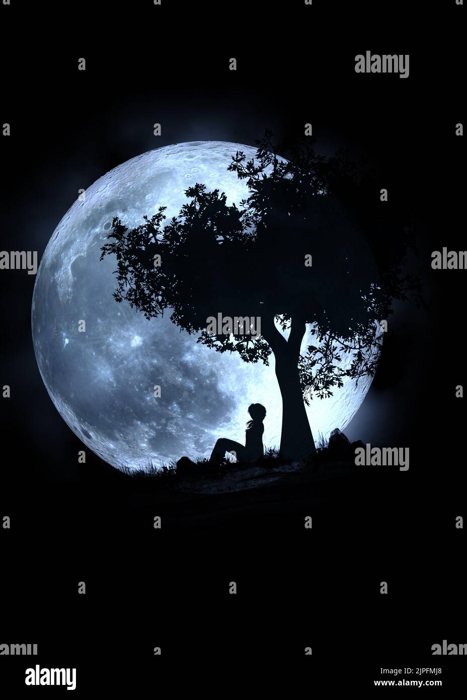 Lone tree with grass and sitting girl silhouette at night time ...