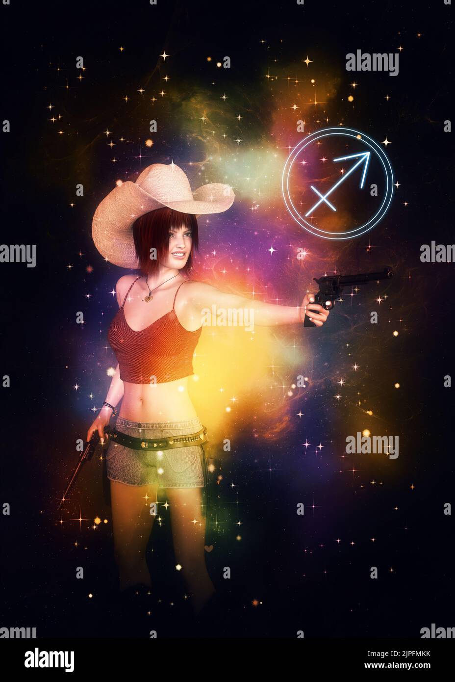 Woman with revolver wear cowboy hat on starry background, Sagittarius ...