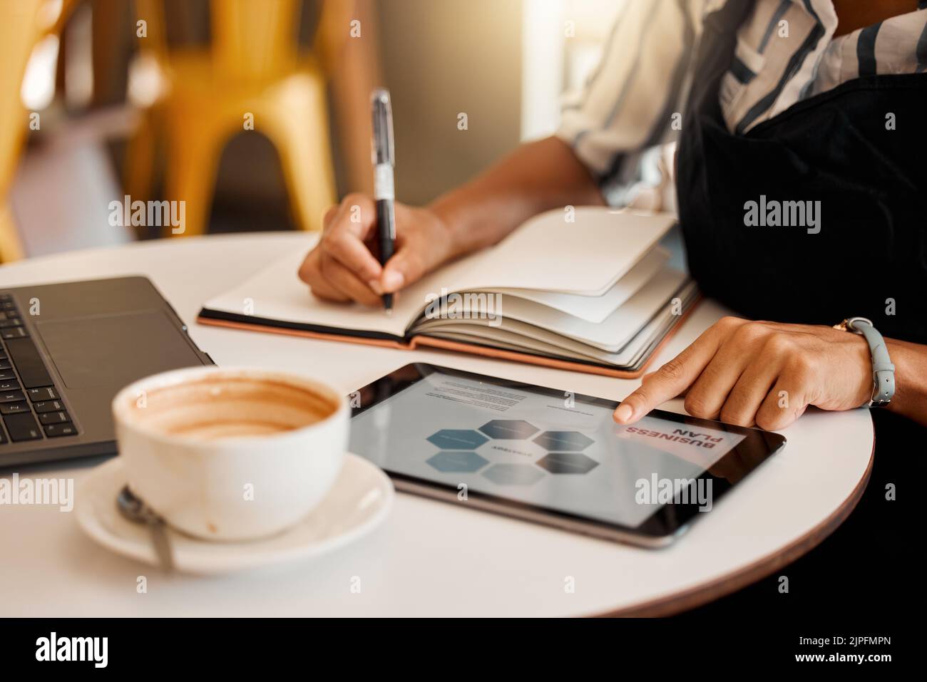 Marketing, planning or innovation strategy on tablet in cafe, coffee ...